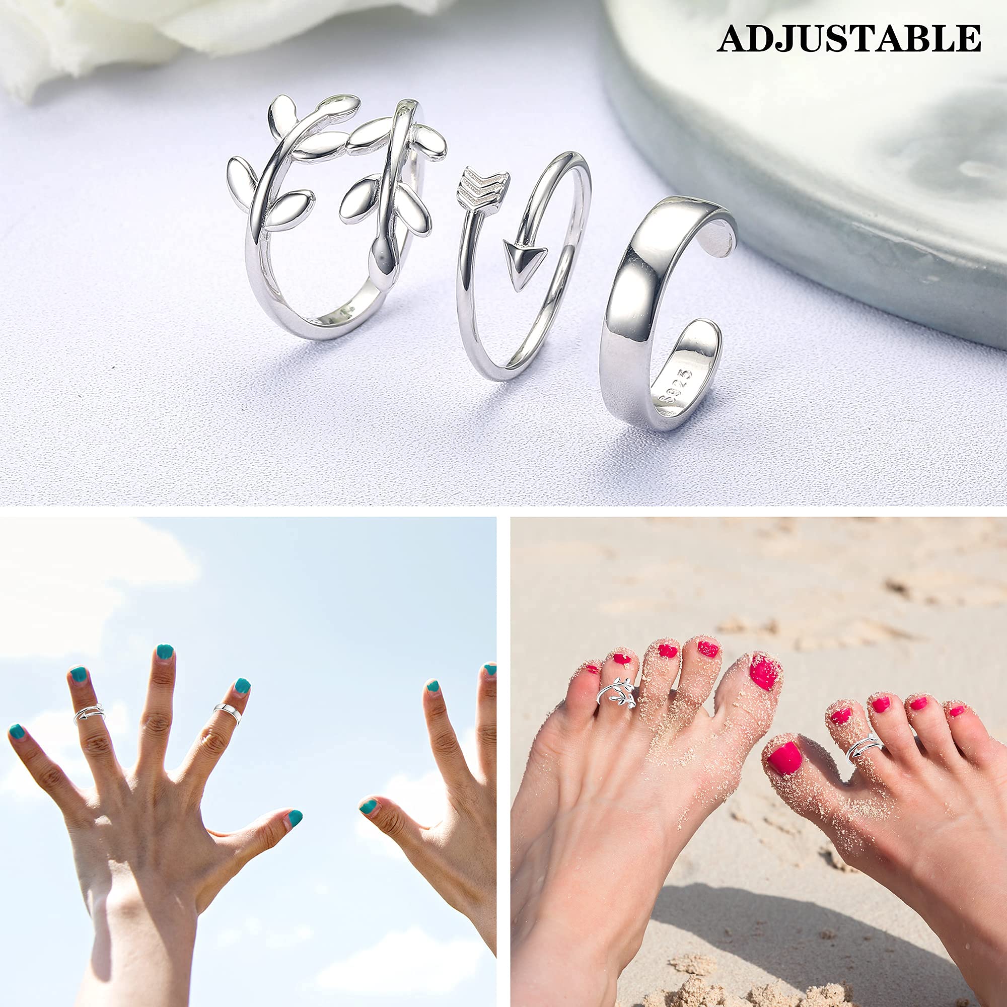 Ubjuliwa 3Pcs Sterling Silver Toe Rings for Women Open Toe Rings Set Soft Cuff Arrow Leaf Toe Ring Beach Adjustable Hawaiian Foot Gift Jewelry