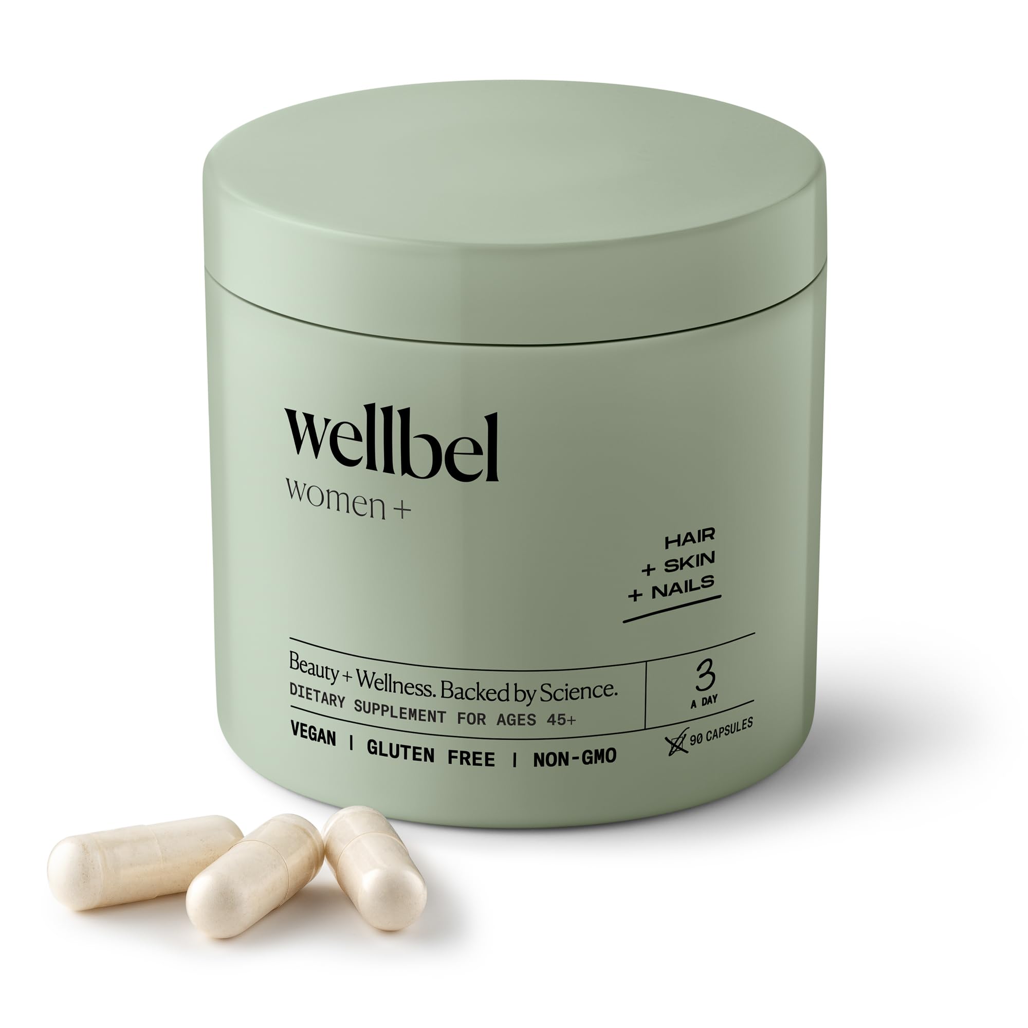 WELLBEL Women + Clean Supplement for Hair, Skin, and Nails, Vegan, Gluten Free, Non GMO 90 Count