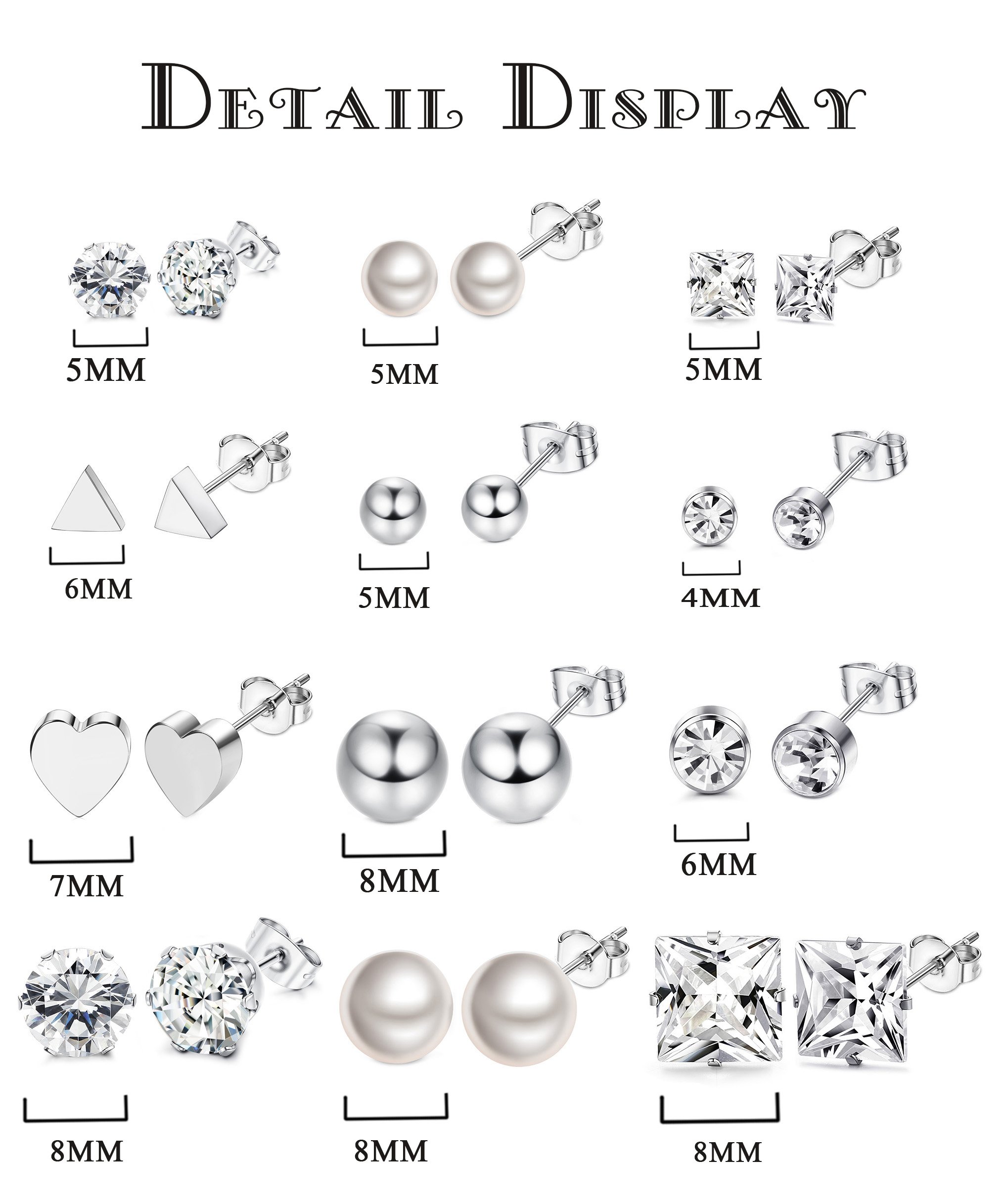 Thunaraz 12Pairs Surgical Steel Stud Earring Set Earring Ball Triangle Heart CZ Earring
