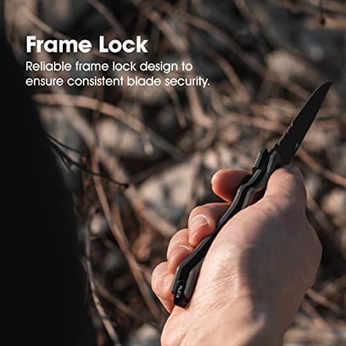 TRUE Tactical Knife | Partially Serrated Knife Blade with Lightweight Minimalist Handle Featuring Emergency Glass Breaker and Pocket Clip, Black, One Size