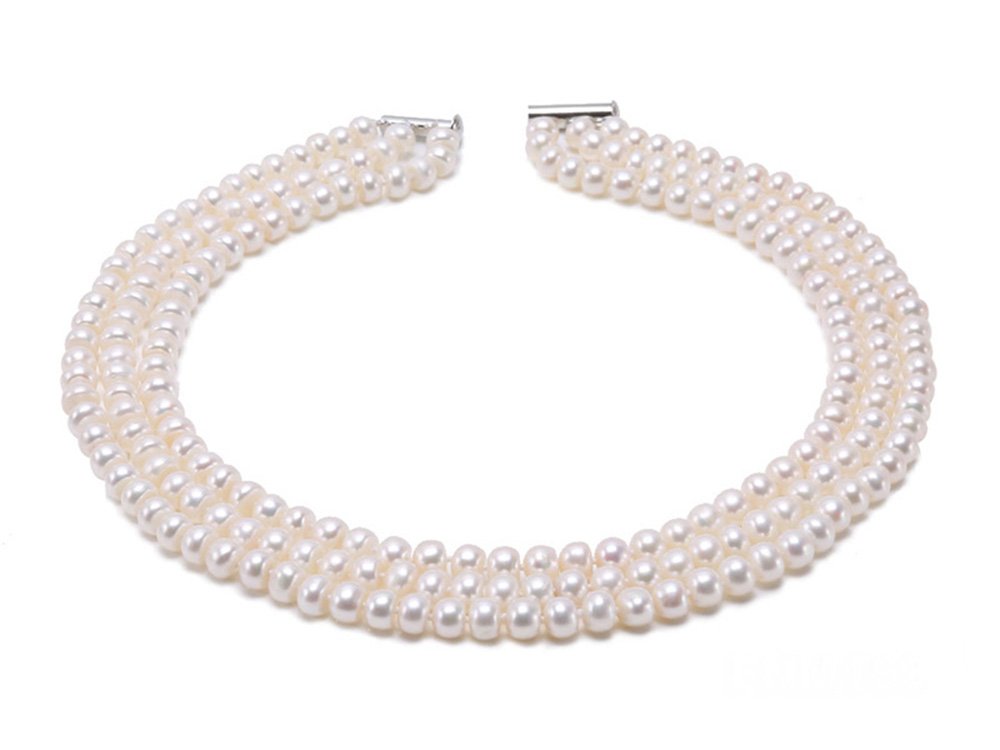 Womens 3-row 8-9mm Flatly-round Freshwater Cultured Pearl Necklace 16"
