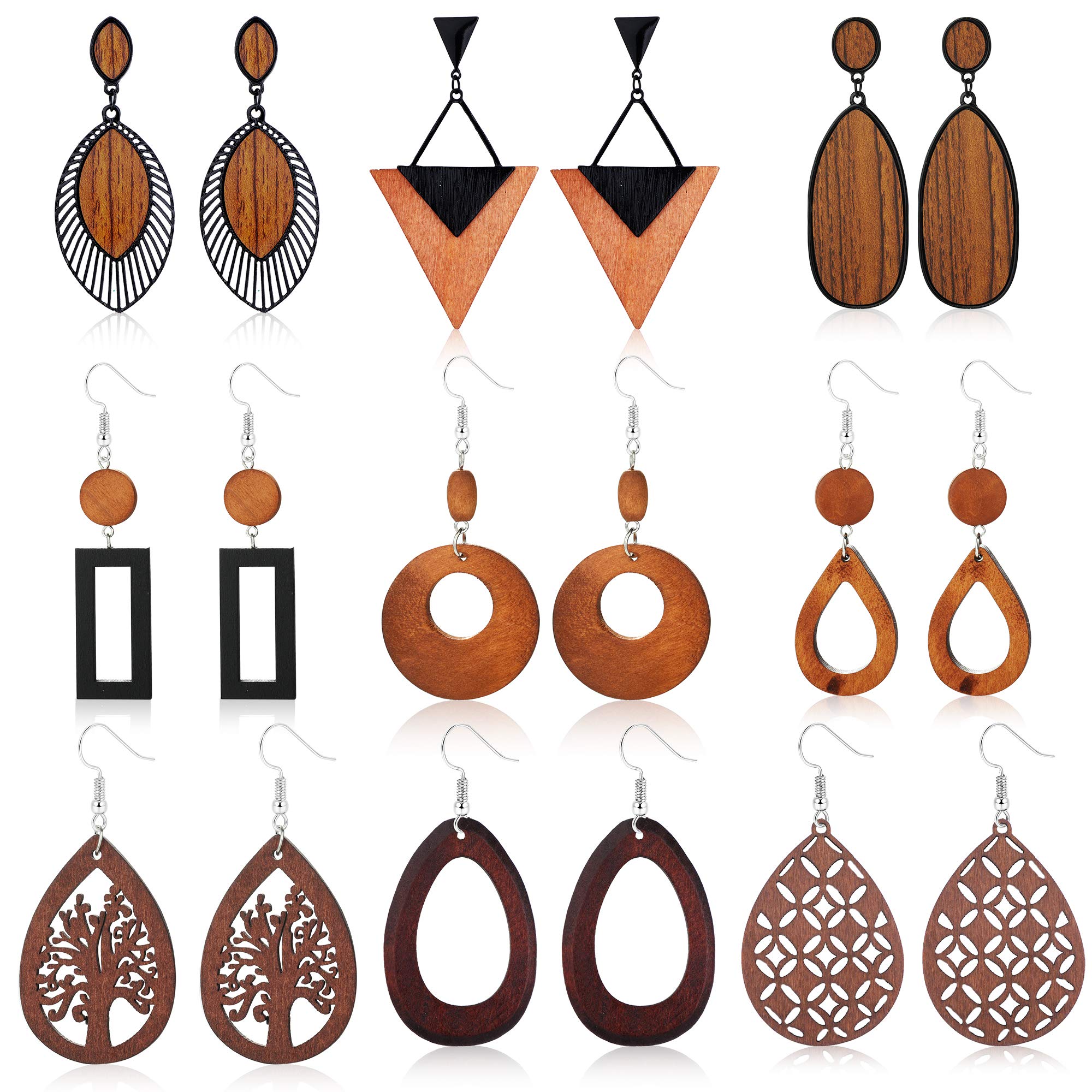 Udalyn 9 Pairs Wooden Earrings for Women African Natural Wooden Dangle Earrings Lightweight Drop Earrings Ethnic Statement Drop Earrings Set