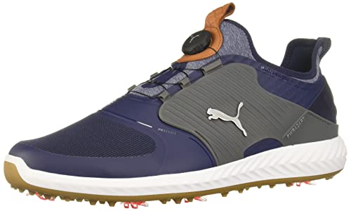 PUMA mens Ignite Pwradapt Caged Disc Golf Shoe, Peacoat-puma Silver-quiet Shade, 10.5 US