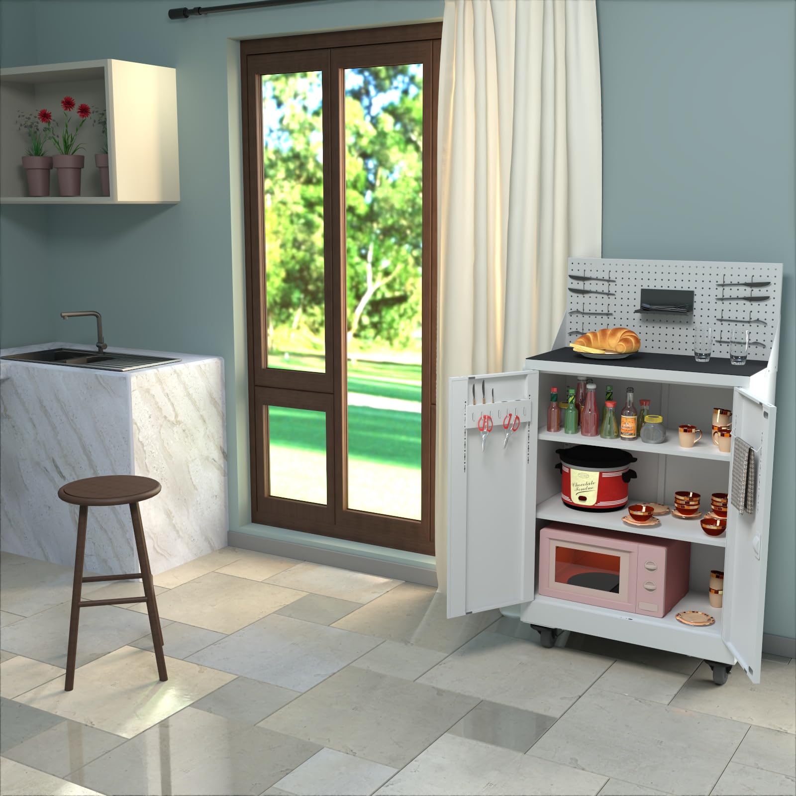 ZSELOTG Rolling Kitchen Island Cart on Wheels with Large Storage Cabinet 2 Adjustable Shelves Portable Trolley Island mit Towel Rack for Home, Kitchen and Dining Room Light Grey
