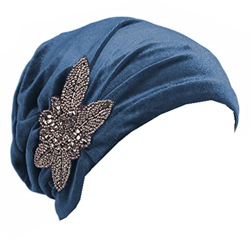 YiYi Operation Women's Stretch Velvet Turban Hat Cancer Chemo Beanie Beaded Flower Hair Wrap Cap Headwear (Gray)