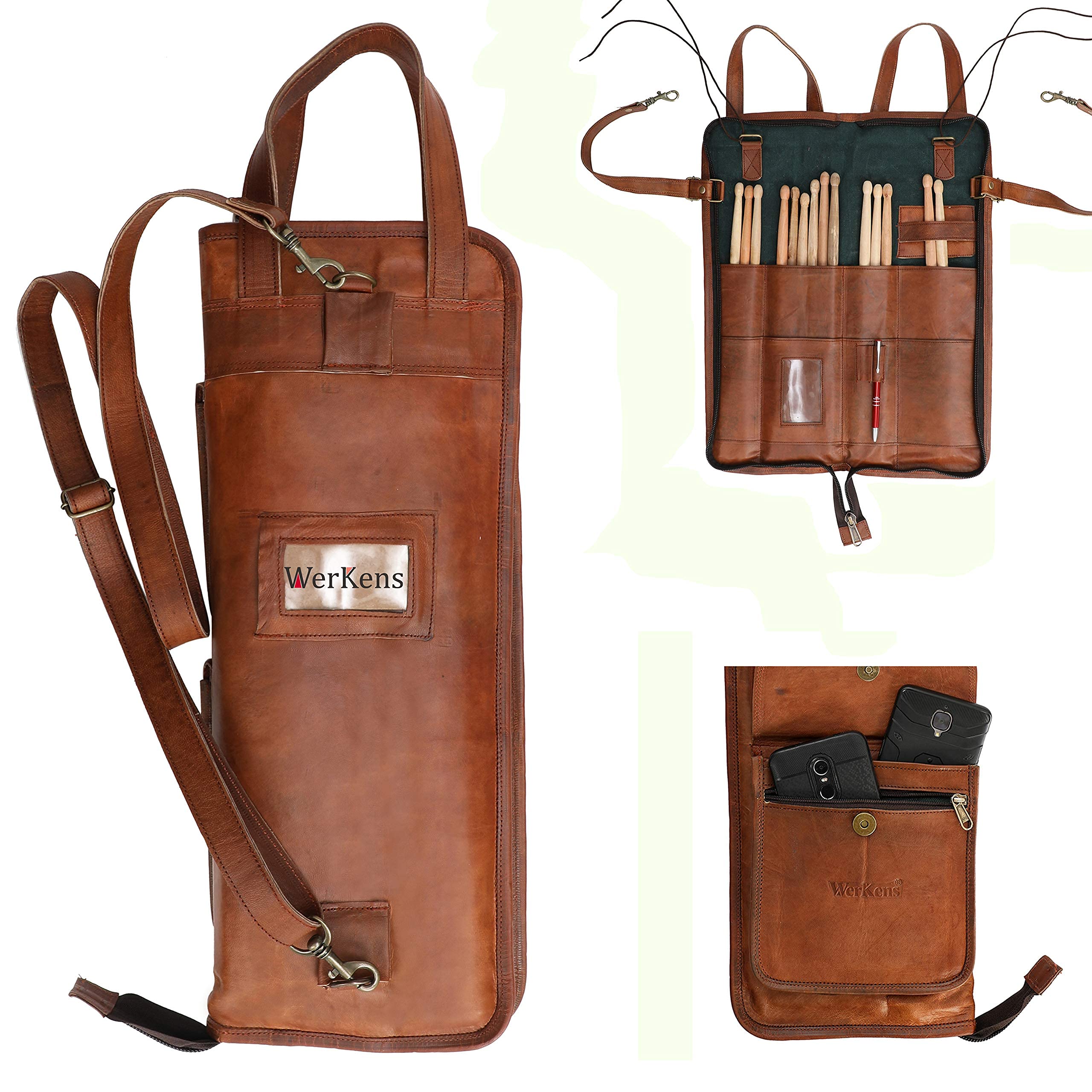 WerKens Leather Drumstick Bag Floor Tom Hooks Holds 10-12 Pairs Drum Sticks Mallets Brushes Percussion Drum Stick Bag Detachable Shoulder Strap Easy Carry Handles (Brown) β DSB003