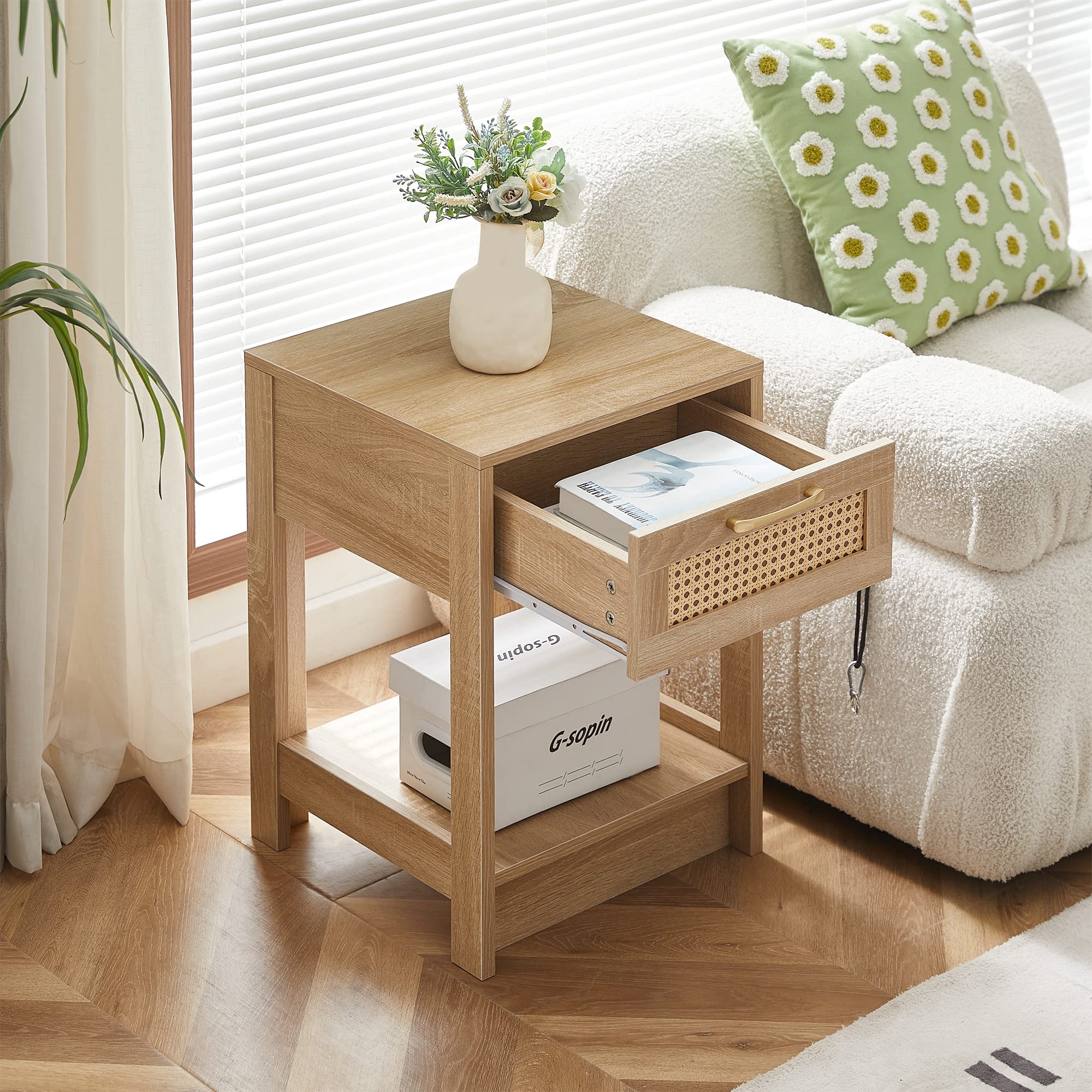 YOUGUO Wood Living Room 3-Piece Table Sets, includes 1 Boho Rattan Coffee Table & 2 End Side Tables Nightstand, Coffee Table and End Table Sets for Living Room Accent Furniture