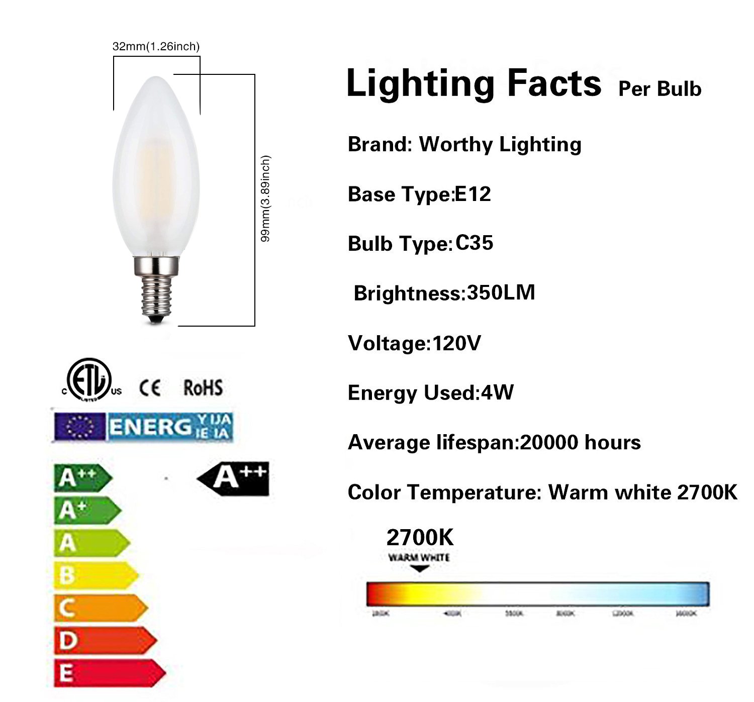 ZYCYLIGHT Frosted LED 4W Candelabra Light Bulbs, B11 LED Chandelier Bulbs,C35 4 Watt Filament LED Bulb, E12 Base LED Candle Bulbs, Torpedo Shape Bullet Top,2700K Warm White,Dimmable,10 Pack…