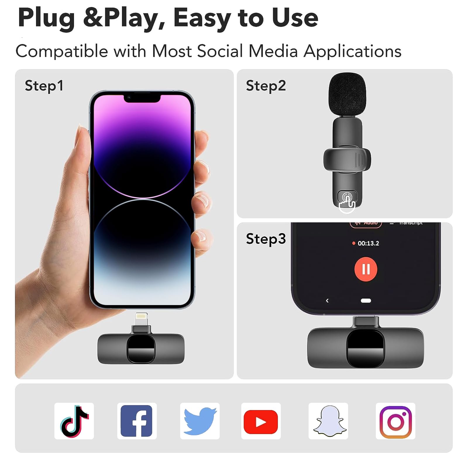 Wireless Lavalier Microphone for iPhone iPad, with 2 Pack Plug-Play Omnidirectional Condenser Professional Wireless Lavalier Mic for YouTube TikTok Vlolg Interview Live Stream Video Recording