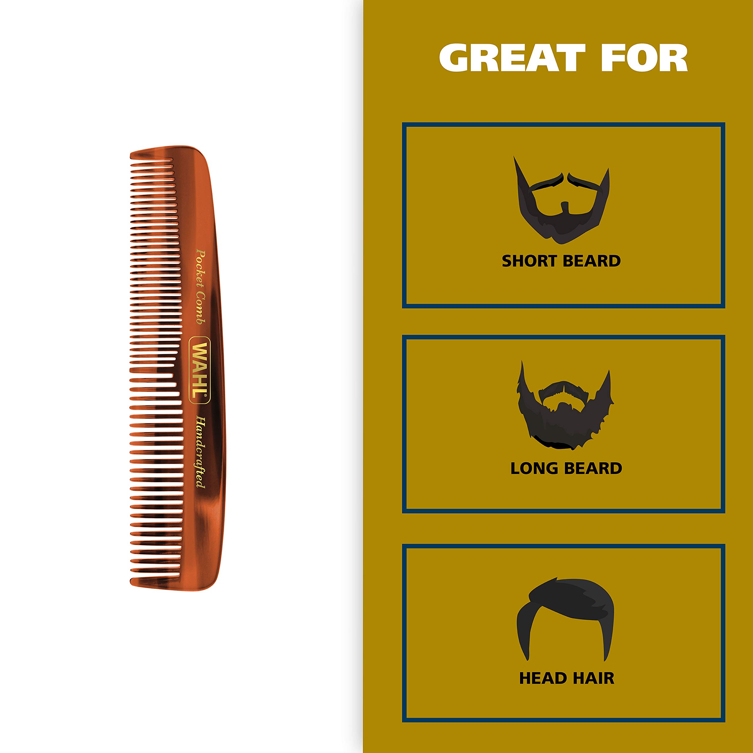Wahl Beard, Mustache, & Hair Pocket Comb for Men's Grooming - Handcrafted & Hand Cut with Cellulose Acetate - Smooth, Rounded Tapered Teeth - Model 3324