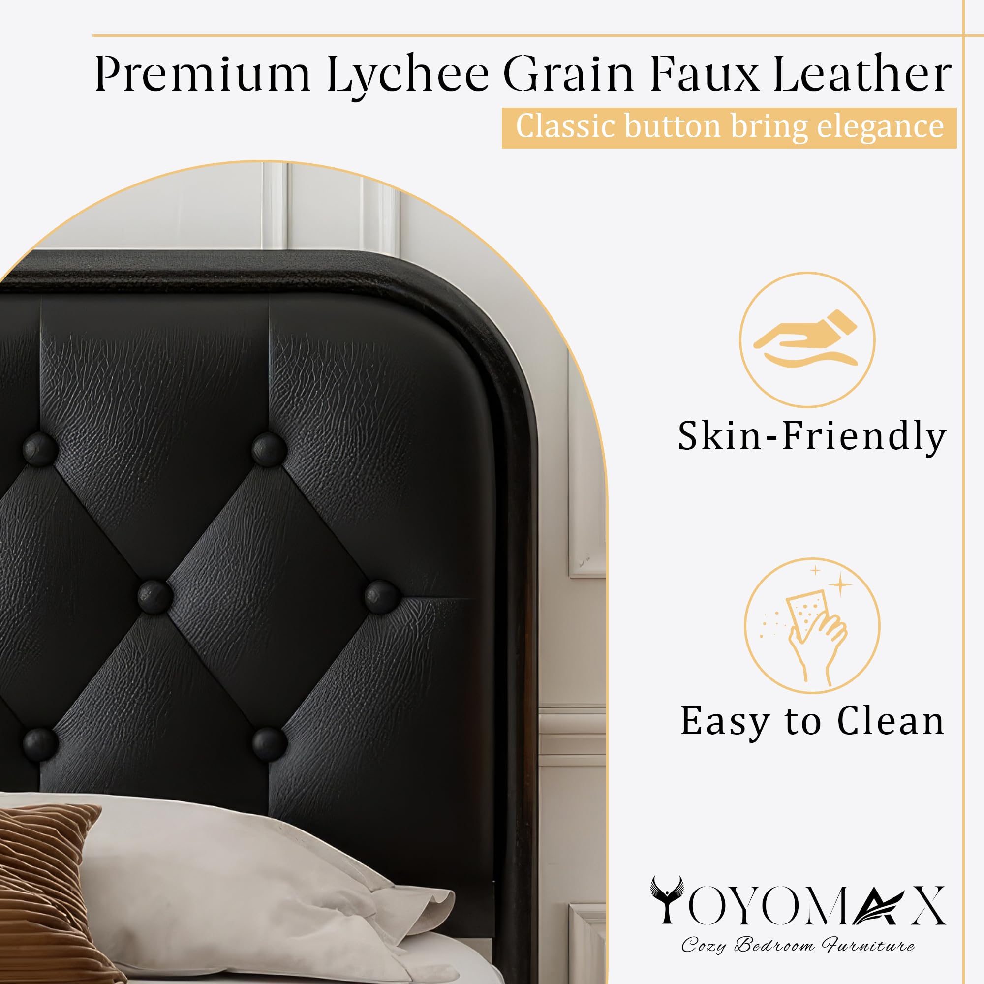 yoyomax Queen Size Bed Frame - Sturdy and Heavy Duty Bed Frame with Stylish Faux Leather Headboard, Noise-Free for Comfort and Support (Black)