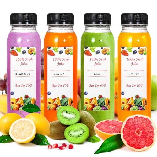 Youeon 24 Pcs 8 Oz Empty Plastic Juice Bottles with Tamper Evident Caps, Reusable Water Bottles, Juice Containers with Labels, Funnel and Brush for Drinks, Juices, Smoothies and Other Beverages