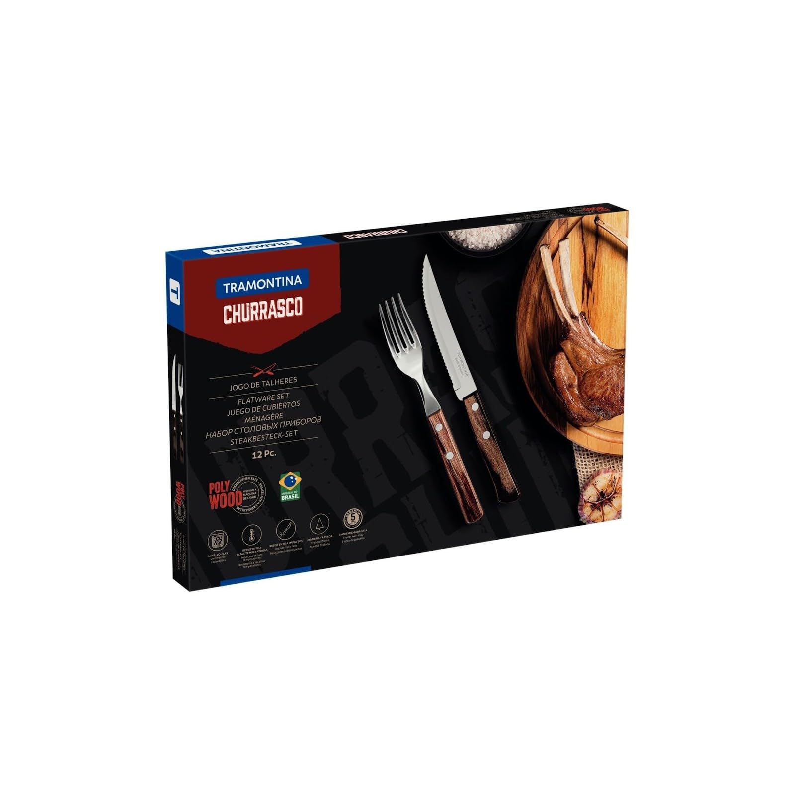 Tramontina Cutlery Set with Steak Knives, 12 Piece Sharp Knife and Fork Set with Wooden Handles, Camping, Kitchen, Rustic, Dishwasher Safe, 29899199