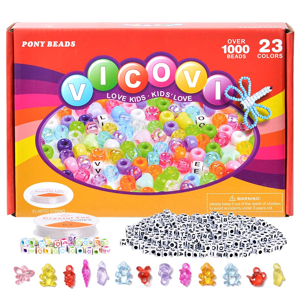 VICOVI 1000+pcs Pony Beads Kit for Bracelet Jewelry Making, Hair Beads, Include 23 Colors Rainbow Beads(9mm), 260 Letter Beads, 50 Color Beads, 20 Heart & Star Beads and Rolls Elastic String.