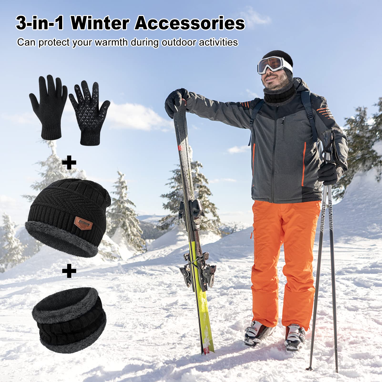Winter Beanie Hats Scarf Gloves Set Thick Warm Slouchy Beanies Hat Knit Skull Cap Neck Warmer for Men Women,Hat Scarf Set-a-black