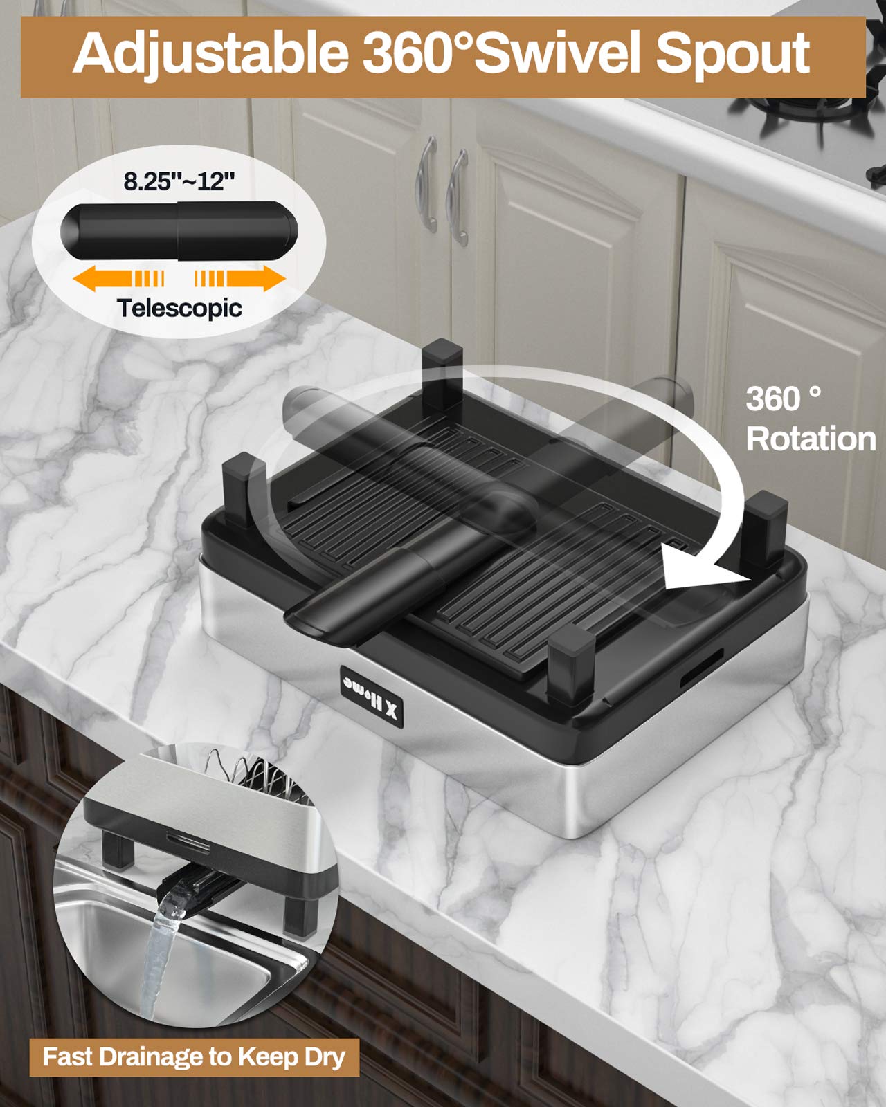 X Home Dish Racks for Counter with Drainage, Removable 2 Tier Kitchen Stainless Steel Frame Dish Rack with Drainboard and Swivel Spout, 21 Inch, Fingerprint-Proof