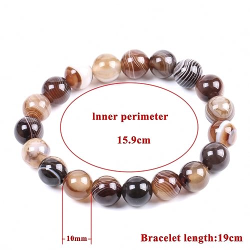 Xileg Natural Round Gem Stone Onyx Men Bracelets Bangle 10 mm Brown Stripe Ethnic Rosary Energy Beads Prayer Wristband Coffee
