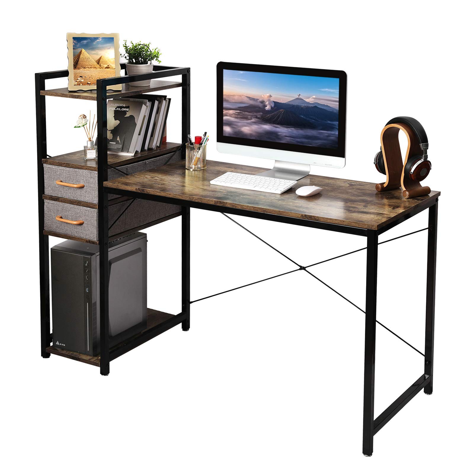 X-cosrack Computer Desk with Shelves Drawer, 53" Reversible Home Office Study Writing Table with Storage Bookshelf, Laptop Notebook PC Coner Desk, Rustic Industrial Style, Vintage Brown