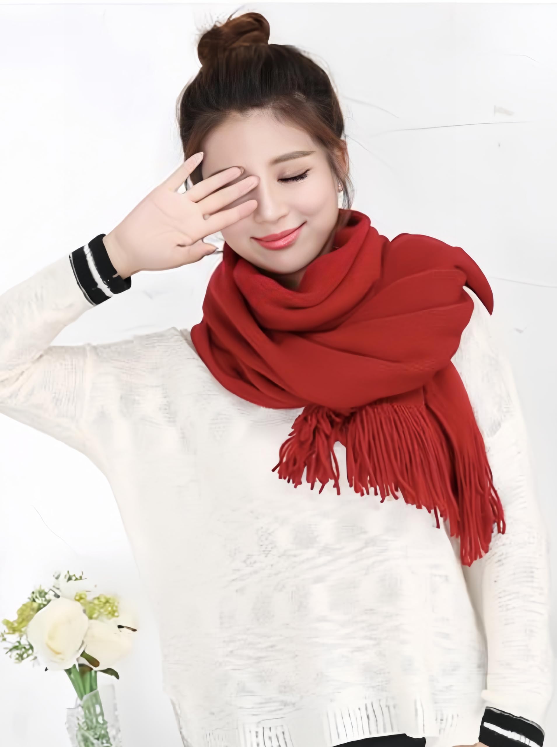 Wander Agio Women's Wraps Warm Long Scarves Winter Scarfs Pure Color Scarf Tassel Wine Red