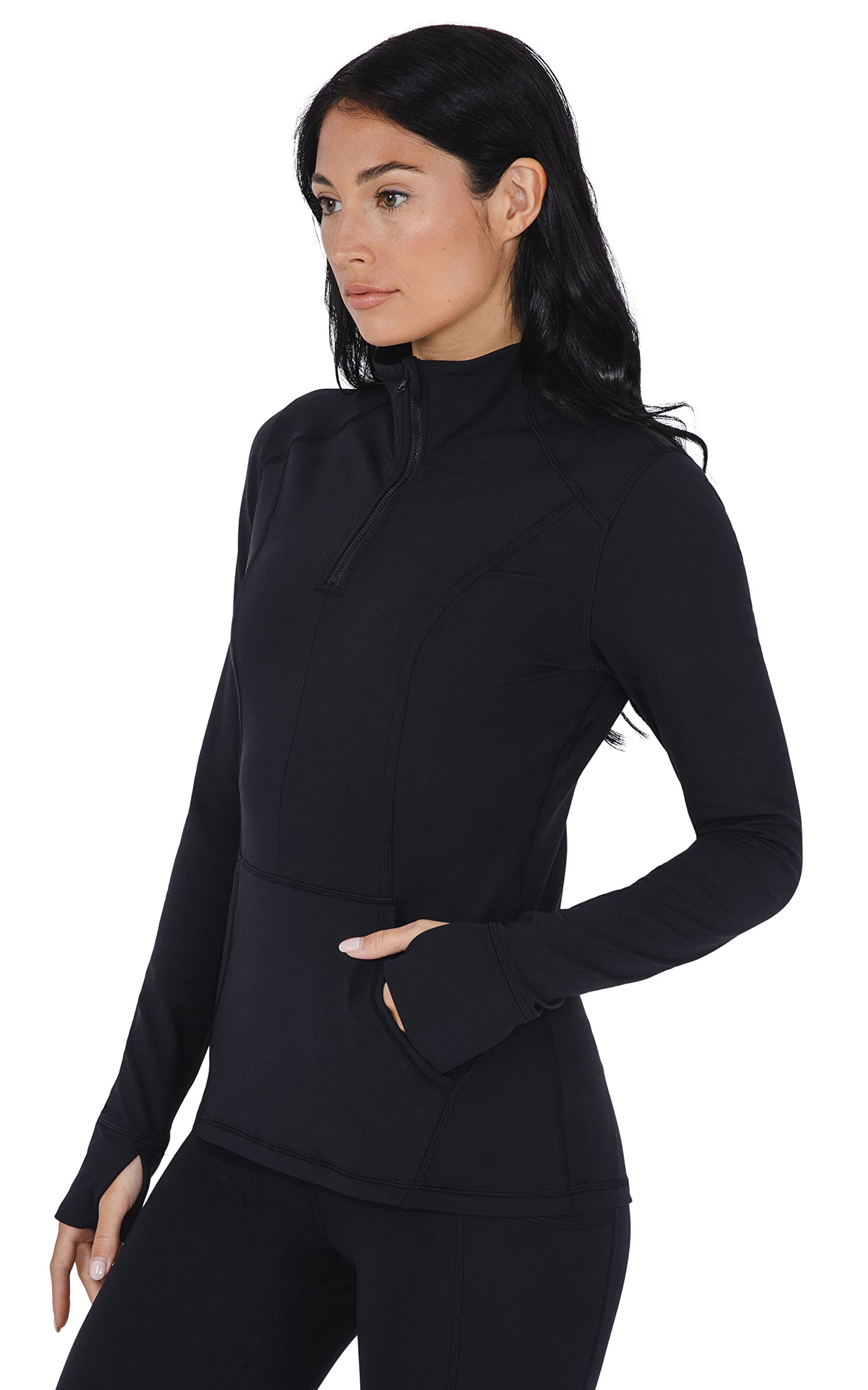 Yogalicious Nude Tech Half Zip Long Sleeve Jacket with Front Pockets - Black - Large