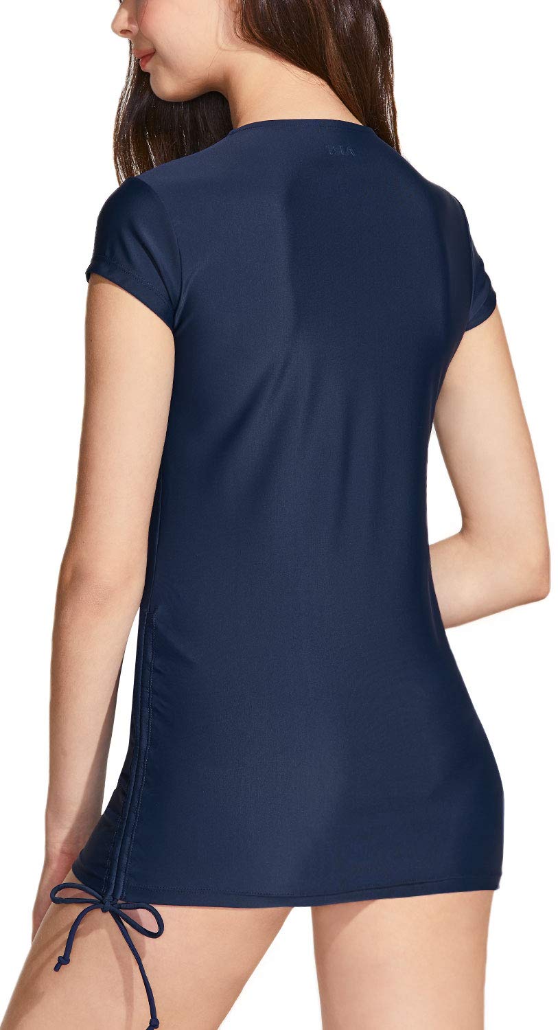 TSLA Women's Half-Zip Front Rash Guard, UPF 50+ Side Adjustable Short Sleeve Swim Shirts, UV/Sun Protection Wetsuit Swimsuit, Half Zip Navy, X-Large
