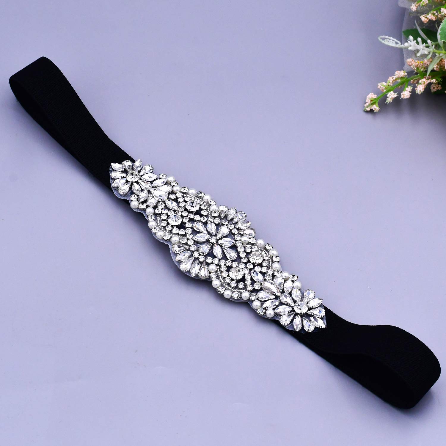 ULAPAN Rhinestone Black Elastic Belts for Women Interlocking Stretch Belt(S394)