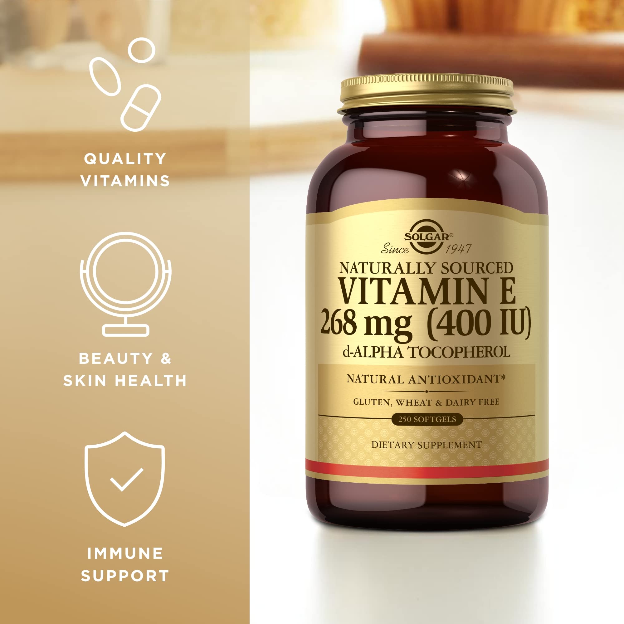 SOLGAR Vitamin E 268 mg (400 IU) - 250 Softgels - Naturally-Sourced Vitamin E as d-Alpha Tocopherol - Gluten Free, Dairy Free - 250 Servings