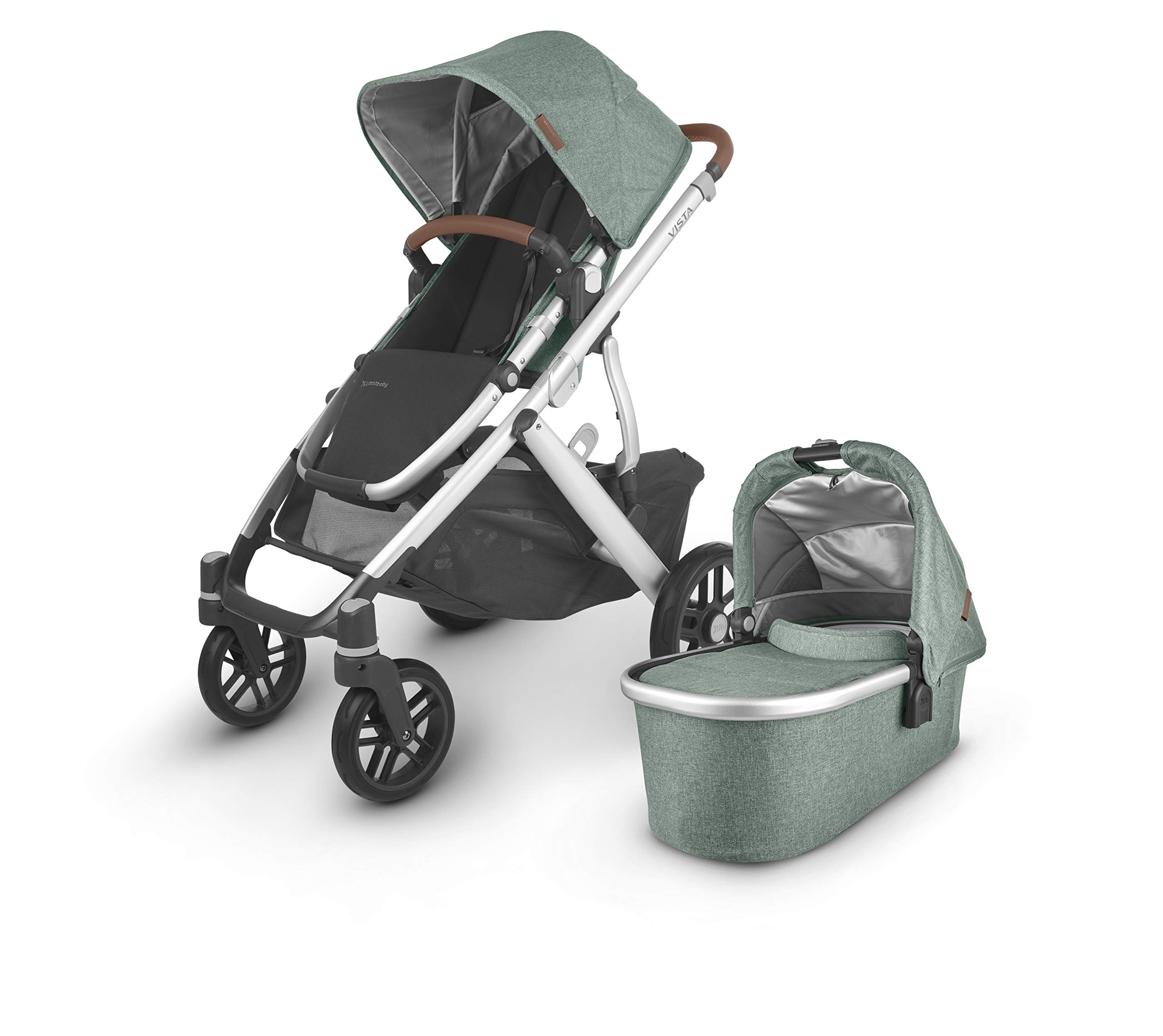 UPPAbaby Vista V2 Stroller - Emmett (Green Melange/Silver/Saddle Leather) + Piggyback for Vista & Vista V2