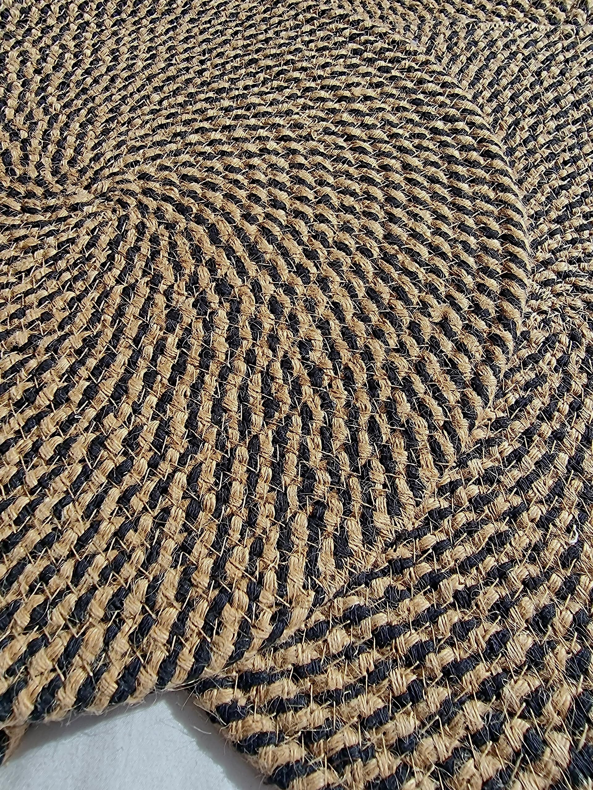 Wavy - Elegant Boho Round Placemats (Set of 4) - 14 inches, Natural Jute Cotton, Black Dining Table Mats