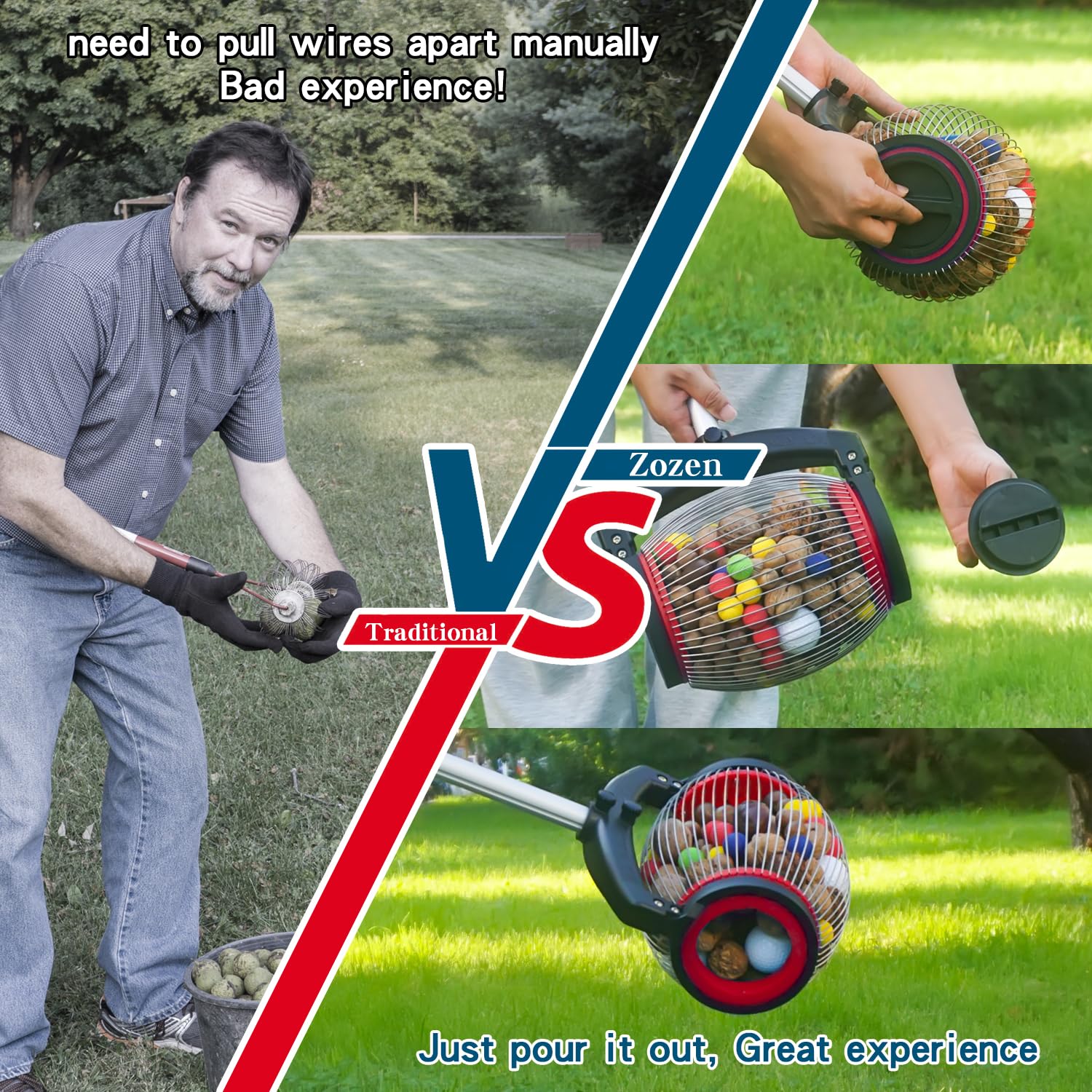 Zozen Nut Gatherer, Walnut Picker Upper Roller, Pinecone Picker Upper - Side Opening Dump | Apply to Walnut, Pecan, Hickory, Chestnuts, Buckeyes, Golf, Crab Apple Objects Size 1'' to 2.5''; 1.5 Gallon