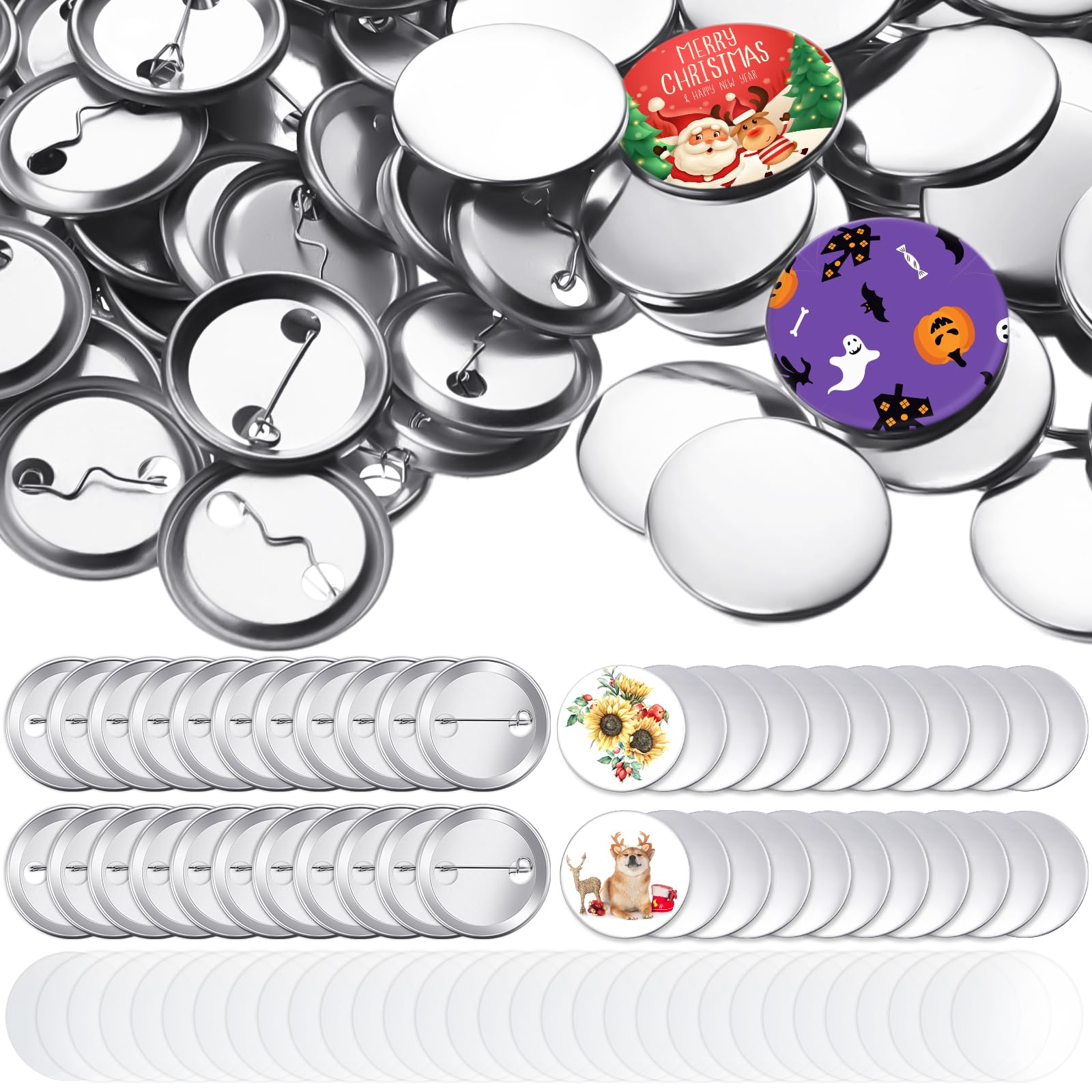 Wavyknot 300 Set Blank Button Making Supplies Metal Badge Button Parts Silver Round Button Making Kit DIY Blank Button Pins for Button Maker Machine Includes Metal Shells Back Cover Clear Film (37 mm)