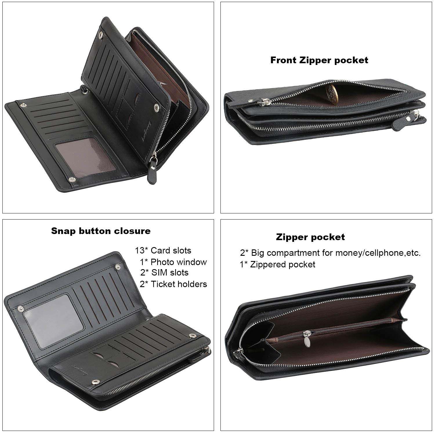 Women’s Long PU Leather Wallet with Credit Card Holders Money Organizer Zipper Purse Wristlet Handbag (A Black)
