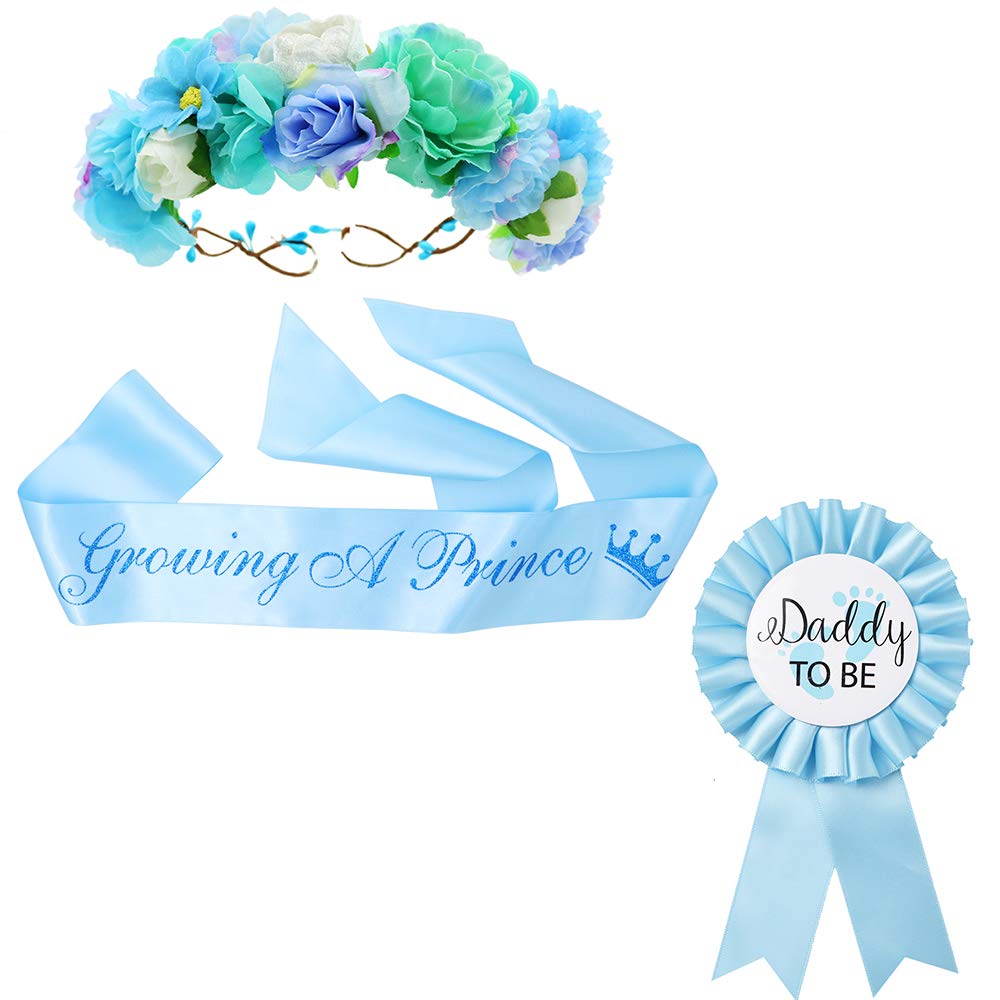TTCOROCK Growing a Prince Sash & Flower Crown & Daddy to be Button Pin Kit - Baby Shower Sash Prince Baby Boy Shower Baby Sprinkle (Blue)