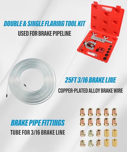 YAKEFLY 25 ft 3/16 Copper Coated Brake Line Kit with 16 Fittings and 4 Unions Brake Line Fittings,Brake Line Double & Single Flaring Tool Kit,Fits for Most Hydraulic Braking Systems (Silver)