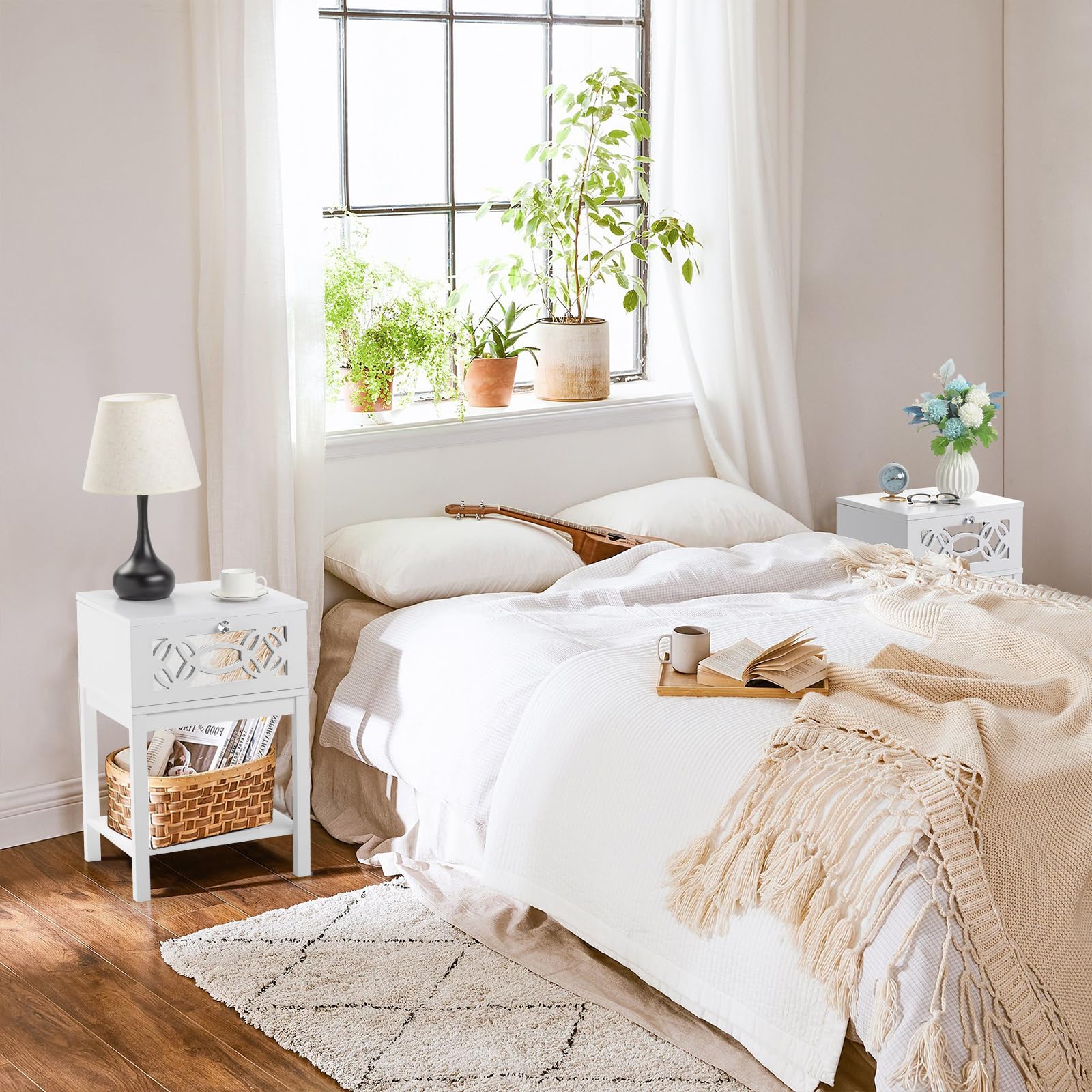 White Nightstand Set of 2, Modern Bedside Table with Mirror and Carved Design, End Table with Drawer and Open Storage Shelf, White Side Table for Bedroom, Living Room, Apartment, White