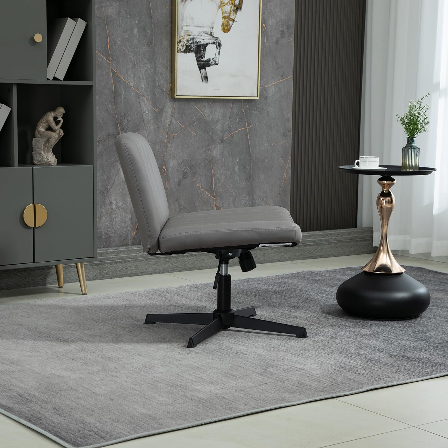 Yeolee Armless Office Desk Chair No Wheels, PU-Padded Vanity Chair with Ergonomic Mid-Back, Comfortable Adjustable Swivel Task Chair with Thickened Cushion for Home, Office (Silver Grey + PU Leather)