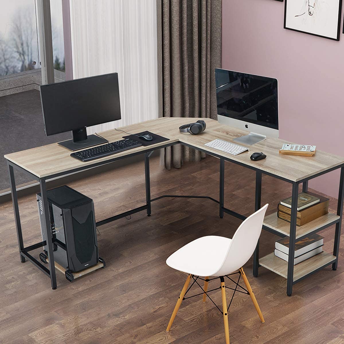 YOLENY L-Shaped Computer Desk 59.1“, Space-Saving Corner Desk with Storage Shelves, Home Office Desk Study Workstation for Home, Office