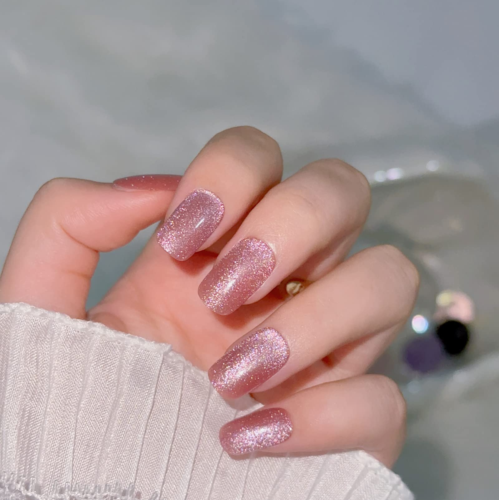 YepDear Fake Nails Medium Square Press On Nails with Glue, Pink Glitter Cat Eye Gel Polished Reusable False Nails