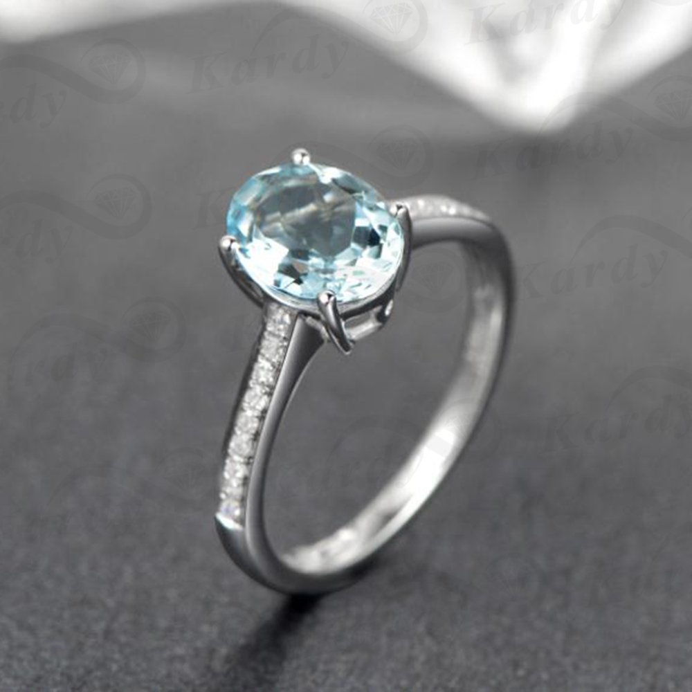 Unique Vintage Genuine Aquamarine for Women 14K White Gold Natural Diamond Engagement March Birthstone Wedding Ring