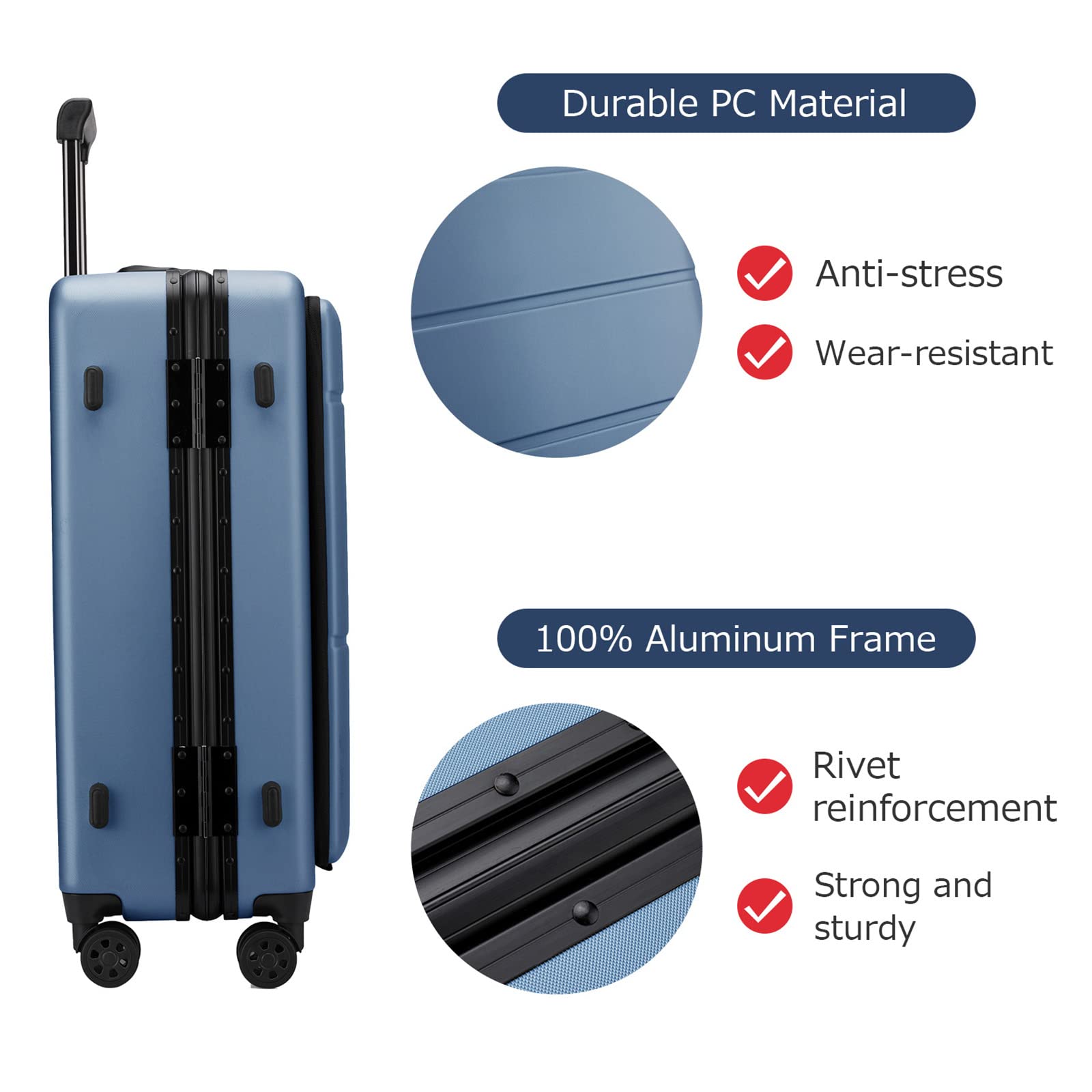 YUNASAY Aluminum Frame 22x14x9 Carry on Luggage with Front Compartment & USB Charging Port, PC Hardside Suitcase with Spinner Wheels TSA Lock for Travel Rolling Luggage (Blue, 20inch)