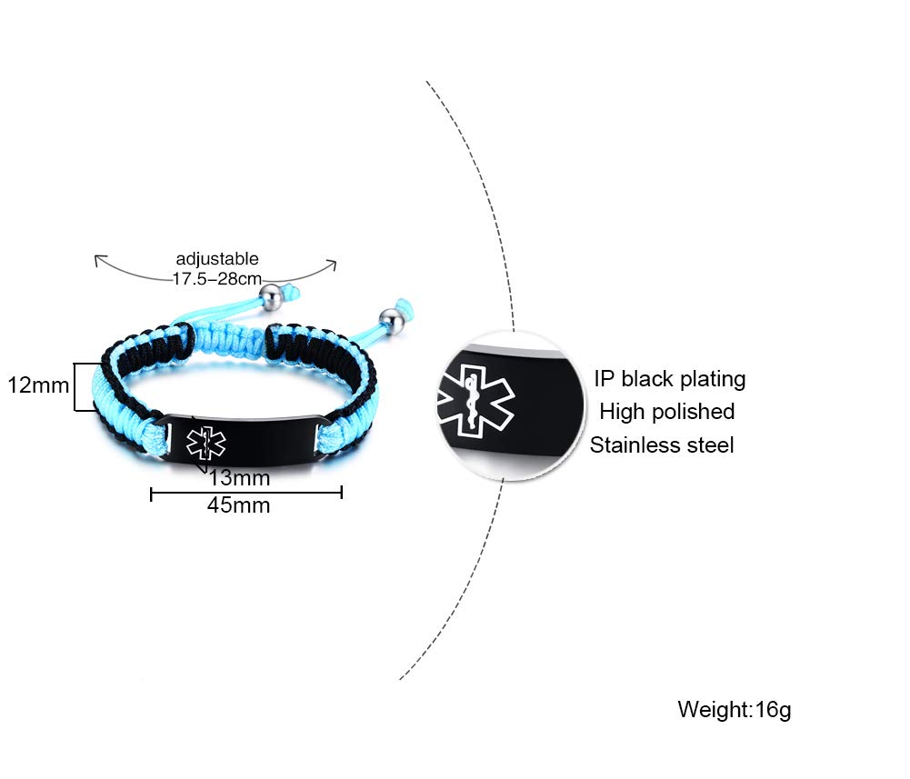 VNOX Customize Medical Alert 13MM Handmade Braided Rope Stainless Steel ID Paracord Adjustable Bracelet,Blue
