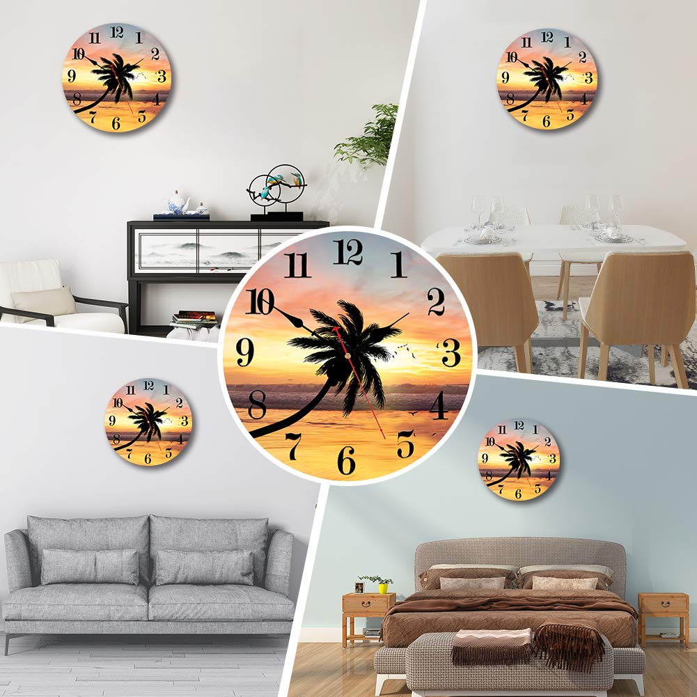 VIKMARI Silent Wall Clock Non Ticking, 8 inch Quartz Excellent Accurate Sweep Movement Wood Wall Clock, Modern Decorative for Kitchen, Living Room,Dining Room,Bedroom,Office (Beach Sunset Style)