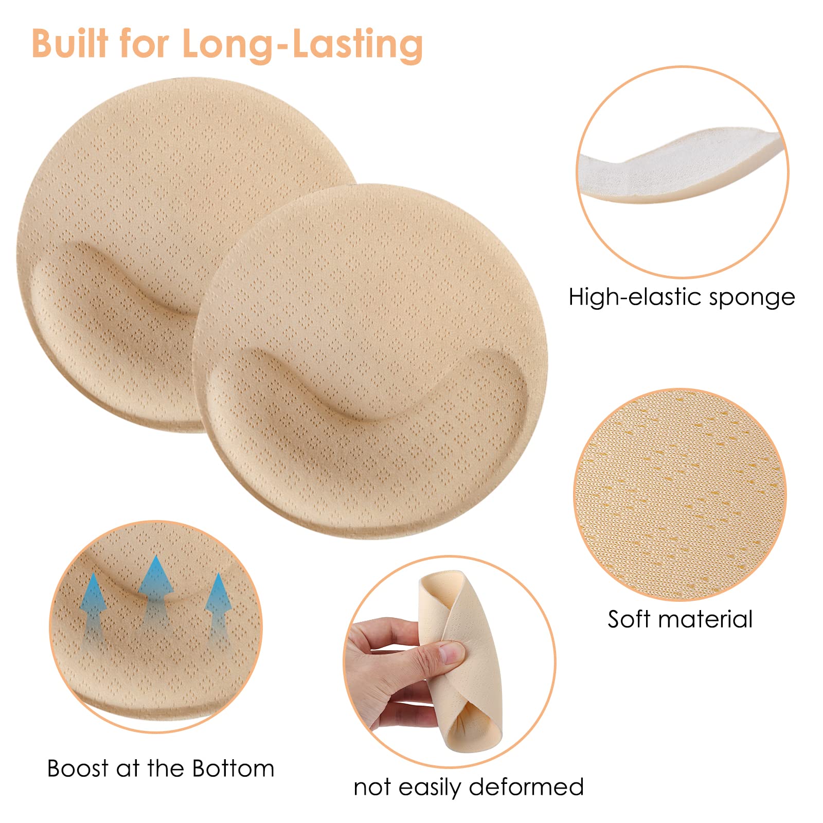 WLLHYF Round Bra Inserts Pads 2 Pairs Washable Sponge Bras Inserts Removable Bra Cups Inserts Bra Replacement Pad for Bikini Top Swimsuit Sports Bra (Skin Tone-Thicker Below)