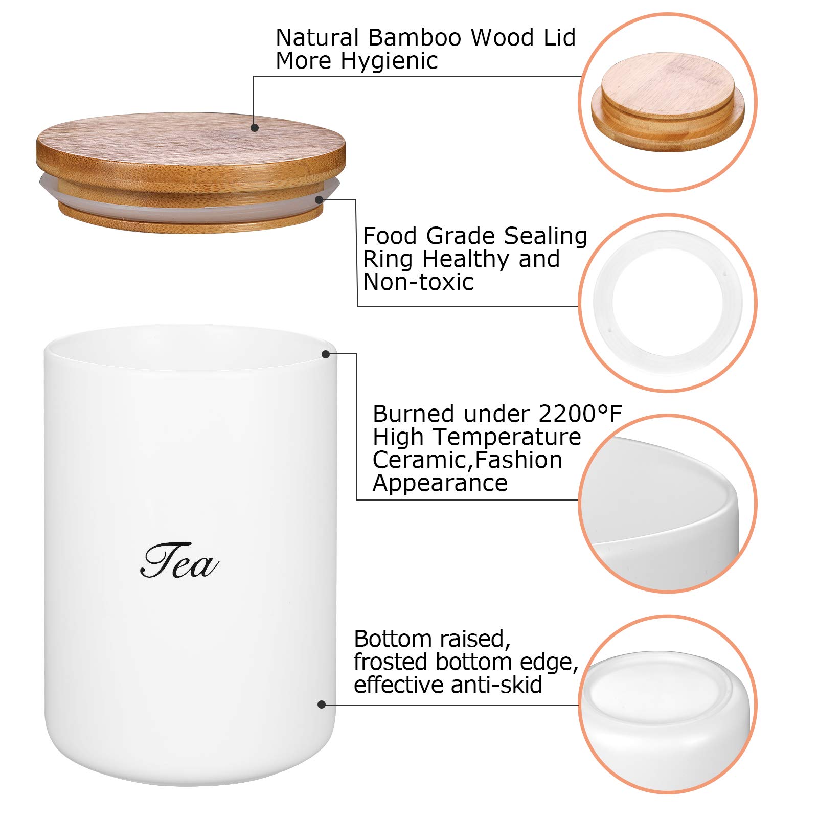 Yangbaga Canisters Sets for Kitchen-Set of 3 Kitchen Canisters for Countertop with Airtight Bamboo Lids/Spoons/Stickers, Ceramic Food Storage Containers for Large Flour,Suger,Coffee (42/30/9OZ)