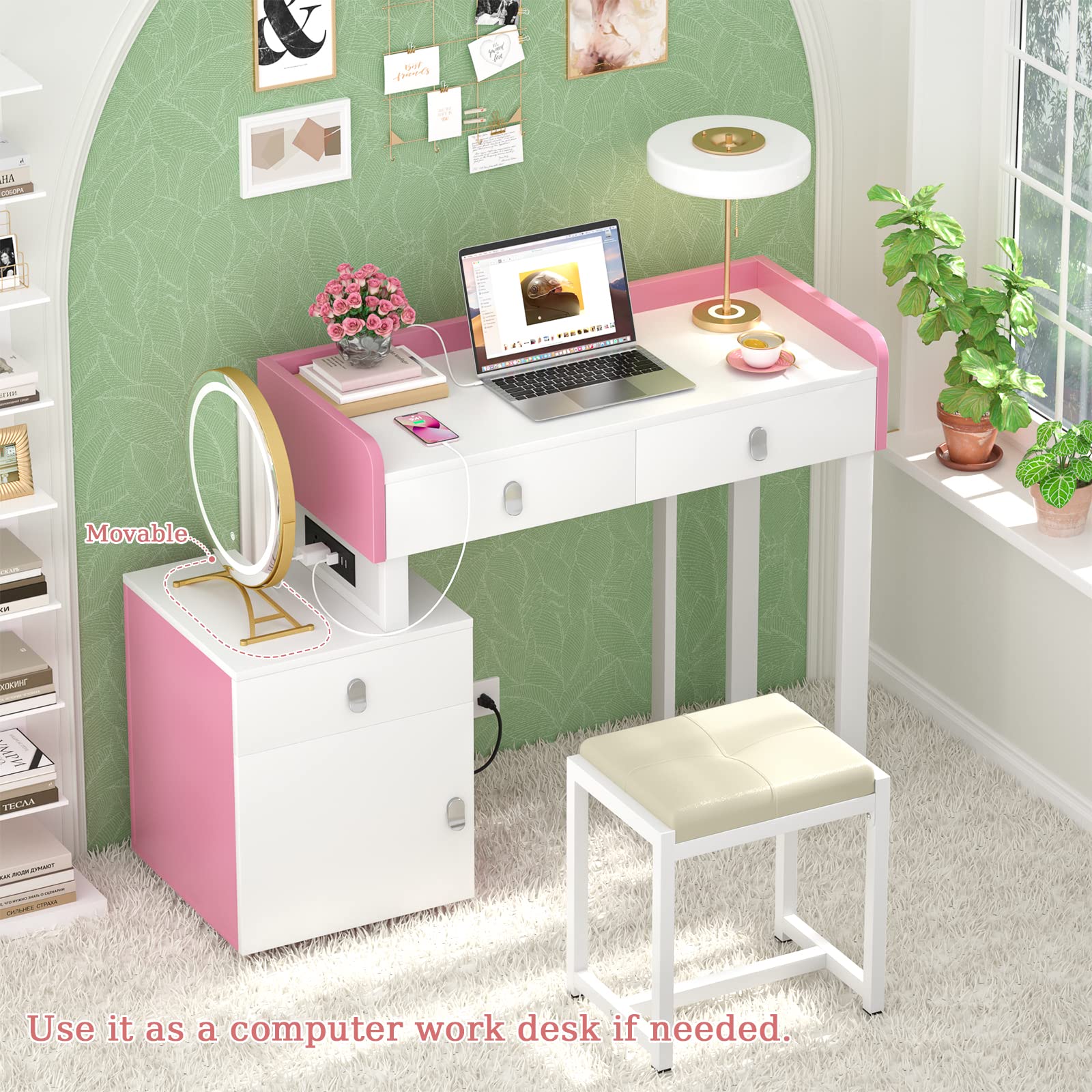 Vanity Desk with Lighted Mirror & Power Outlets, 44'' Makeup Vanity Set with Lights & 3 Drawers, Vanity Mirror with Lights Desk & Chair, Dressing Table with Reversible Cabinet & Stool, White & Pink