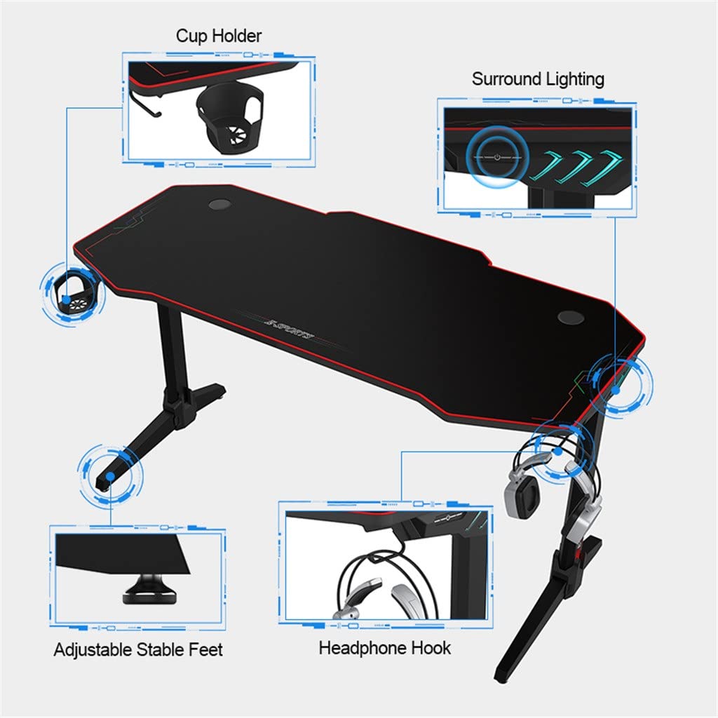 WFHTU 55 Inch Computer Laptop Desk Ergonomic Gaming Desk E-Sports Computer Table PC Workstation with Mouse Pad Gamer Tables RGB Light