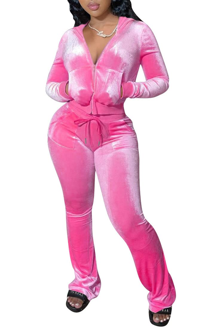 Yeshire Women's 2 Piece Outfits Velvet Sweatsuits Zip-up Hoodie Jacket Casual Jogging Set Tracksuit Set with Pockets Large Pink