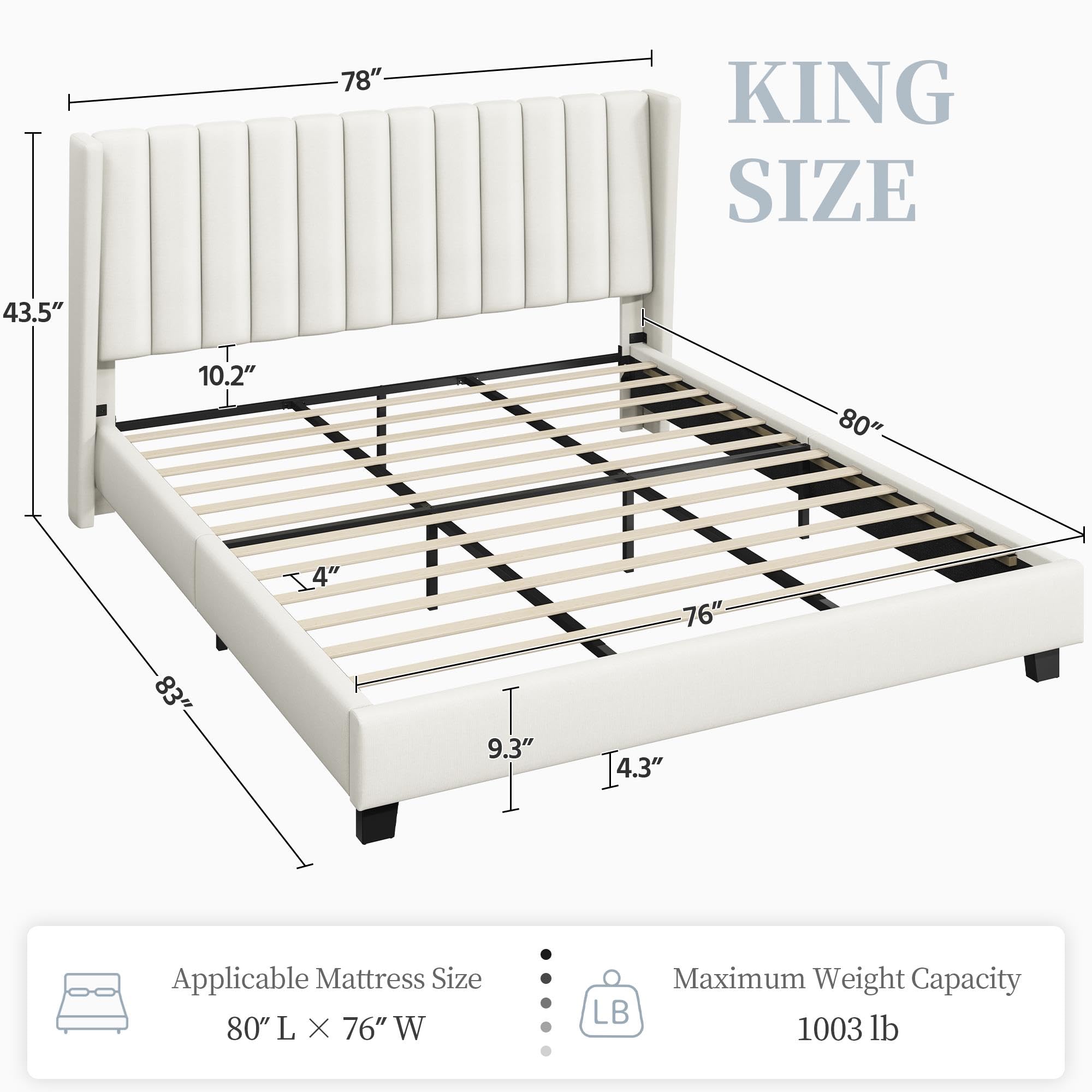 Yaheetech King Bed Frame Upholstered Platform Bed with Fabric Headboard, Wing Edge Design/Non-Slip and Noise-Free/Wooden Slats Support/No Box Spring Needed/Easy Assembly, Dark Gray King Bed