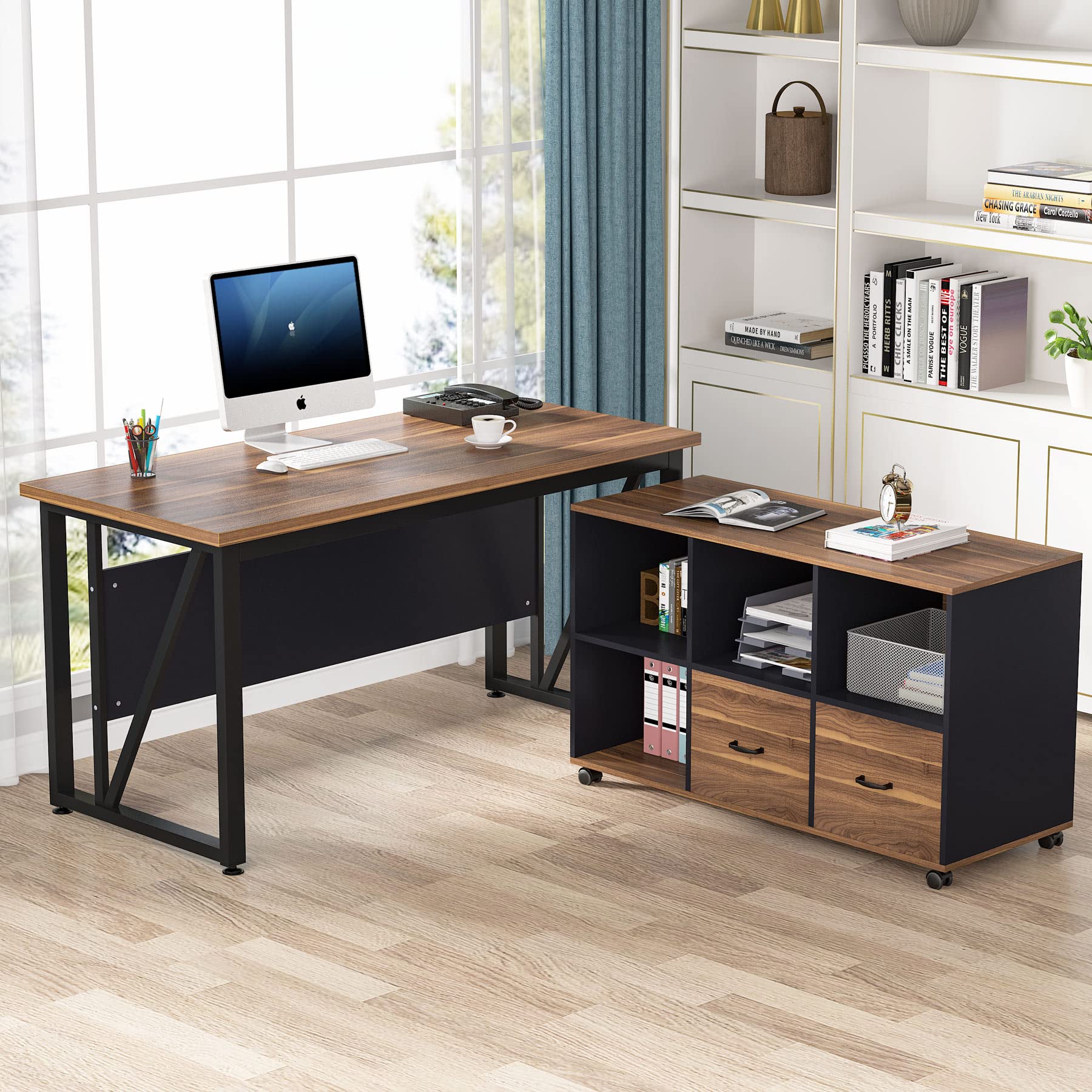 Tribesigns 2 Drawers Lateral File Cabinets, Home Office 43-inch Mobile Wood Filing Cabinet Printer Stand with Wheels and Open Storage Shelves,Drawers for Letter Size (Walnut)