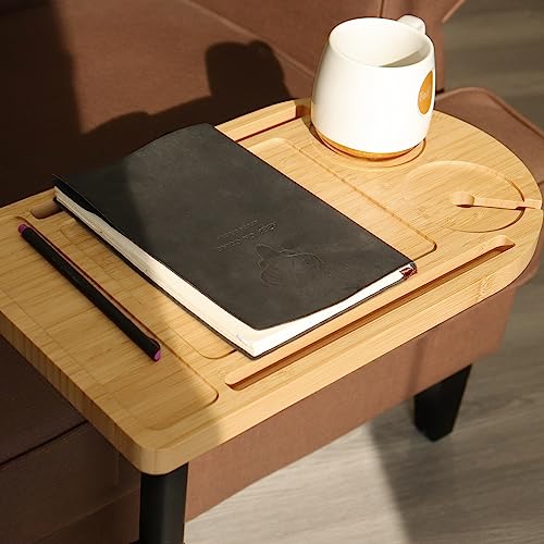 YUHFERA 360° Swivel Sofa Tray Table for Couch Arm - Height Adjustable End Table for Bed or Chair with Phone & Tablet Slots, TV Tray Table, Side Table Tray for Small Spaces(Bamboo)